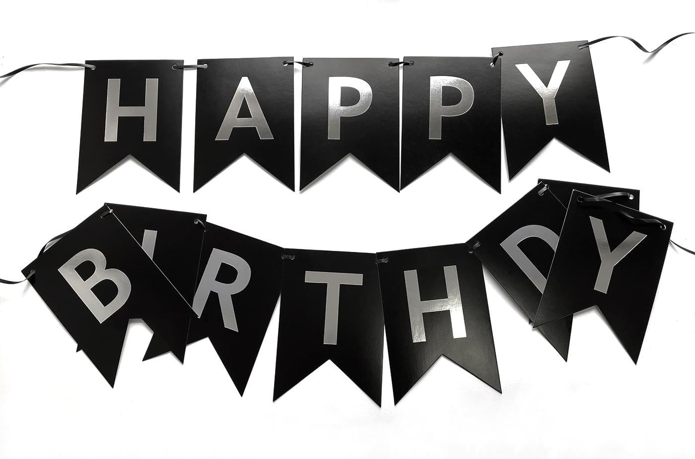 Runhiskii Black Happy Birthday Banner, Durable Happy Birthday Sign with White Silver Letters for Birthday Party Decorations