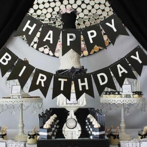 Runhiskii Black Happy Birthday Banner, Durable Happy Birthday Sign with White Silver Letters for Birthday Party Decorations