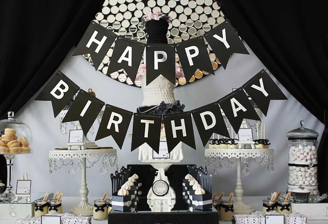 Runhiskii Black Happy Birthday Banner, Durable Happy Birthday Sign with White Silver Letters for Birthday Party Decorations