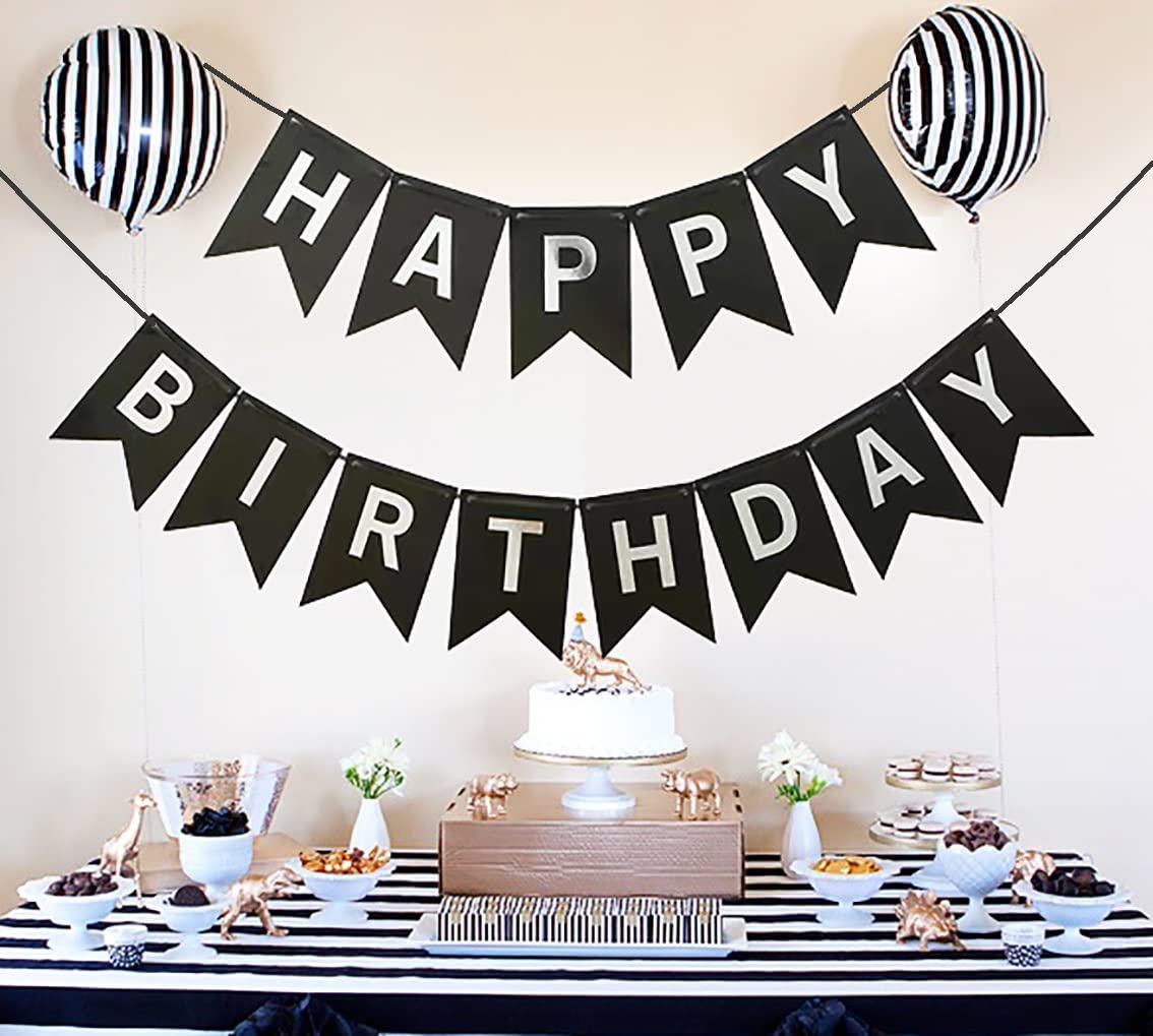 Runhiskii Black Happy Birthday Banner, Durable Happy Birthday Sign with White Silver Letters for Birthday Party Decorations