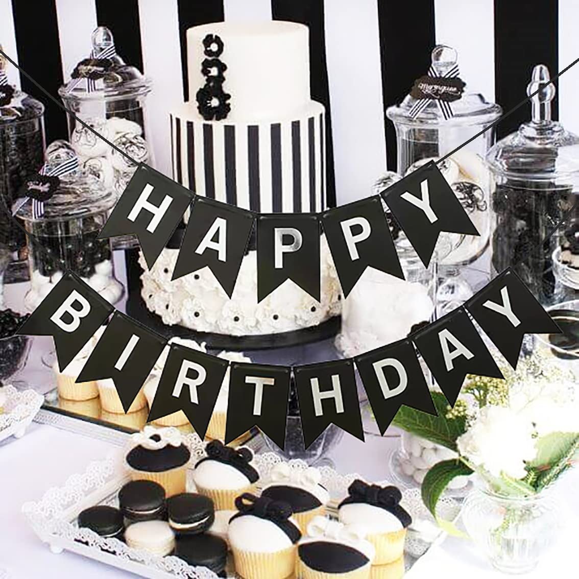 Runhiskii Black Happy Birthday Banner, Durable Happy Birthday Sign with White Silver Letters for Birthday Party Decorations