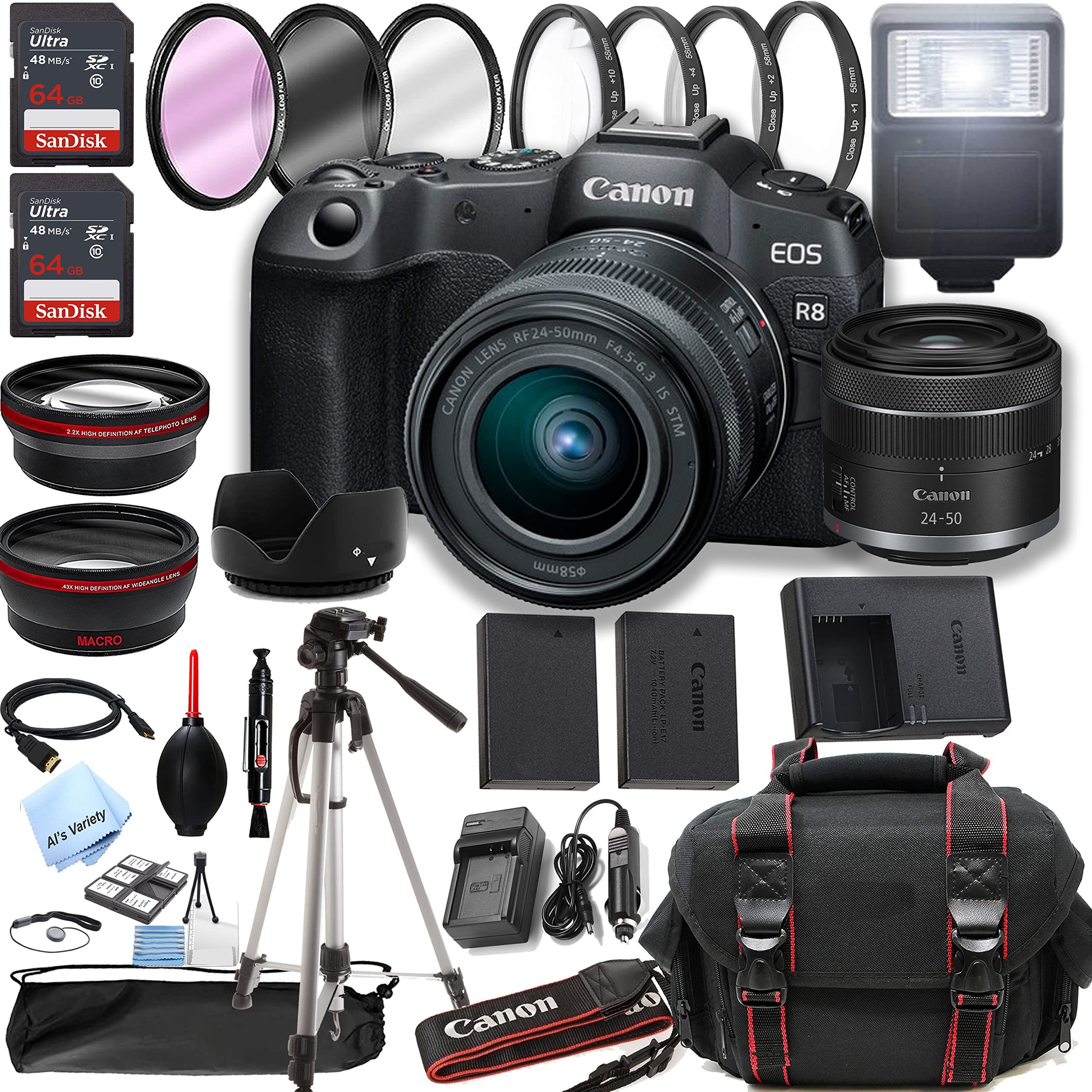 Canon EOS R8 Mirrorless Camera with RF 24-50mm f/4.5-6.3 is STM Lens + 128GB Memory + Case + Tripod + Filters (38pc Bundle)