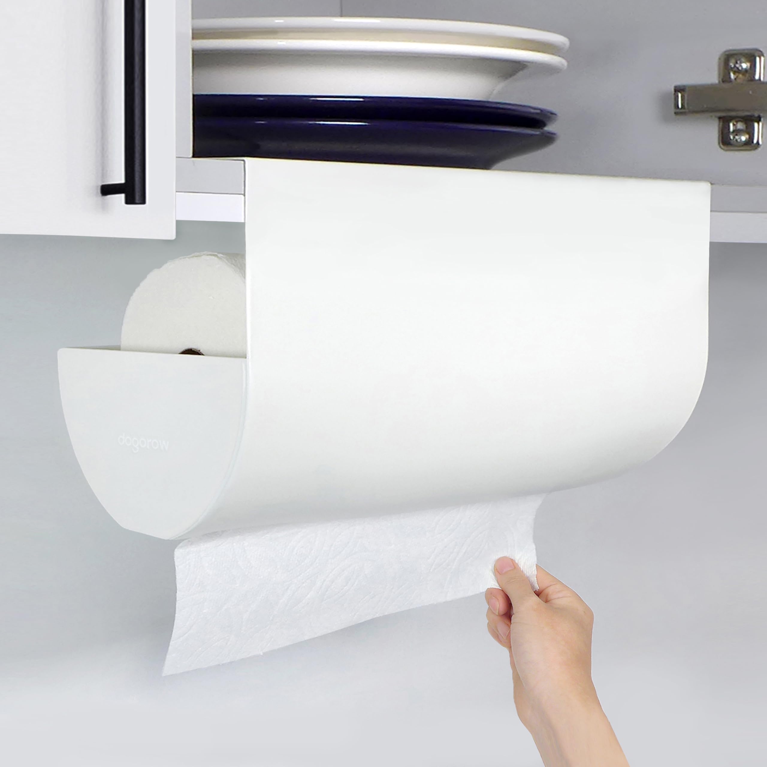 Dogorow Paper Towel Holder - Under Cabinet Paper Towel Holder for Kitchen, Bathroom - One Hand Operation, Space Saving Design - Paper Towel Rack, Self-Adhesive, No Drill Mounting (White)