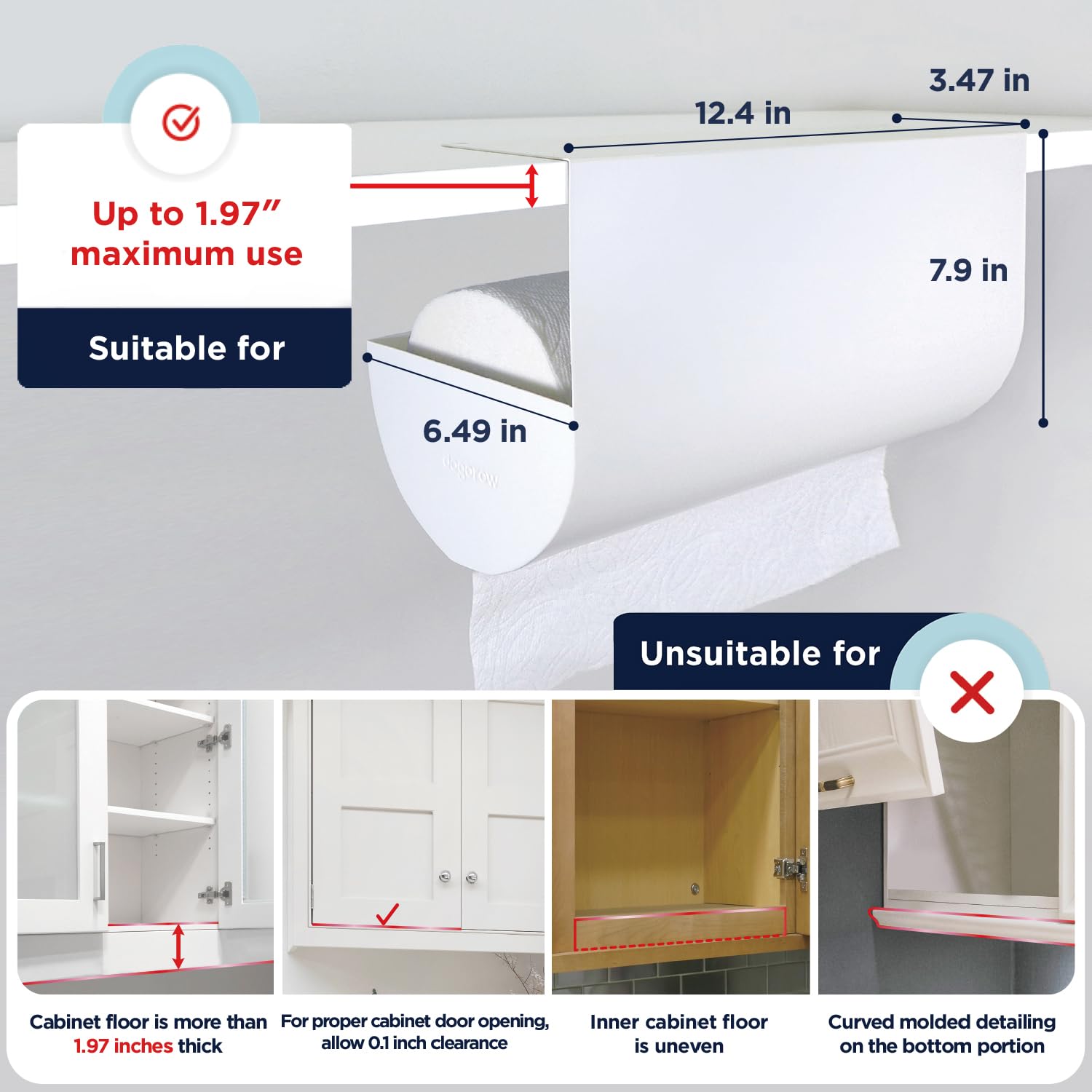 Dogorow Paper Towel Holder - Under Cabinet Paper Towel Holder for Kitchen, Bathroom - One Hand Operation, Space Saving Design - Paper Towel Rack, Self-Adhesive, No Drill Mounting (White)