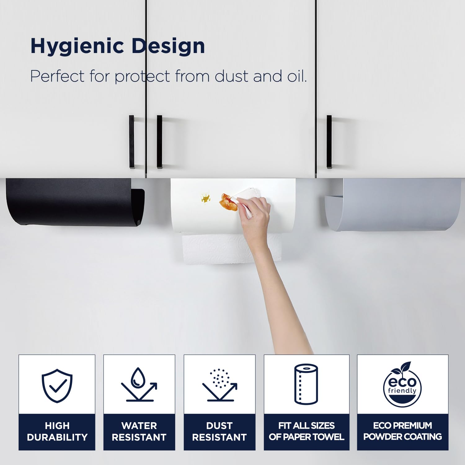 Dogorow Paper Towel Holder - Under Cabinet Paper Towel Holder for Kitchen, Bathroom - One Hand Operation, Space Saving Design - Paper Towel Rack, Self-Adhesive, No Drill Mounting (White)