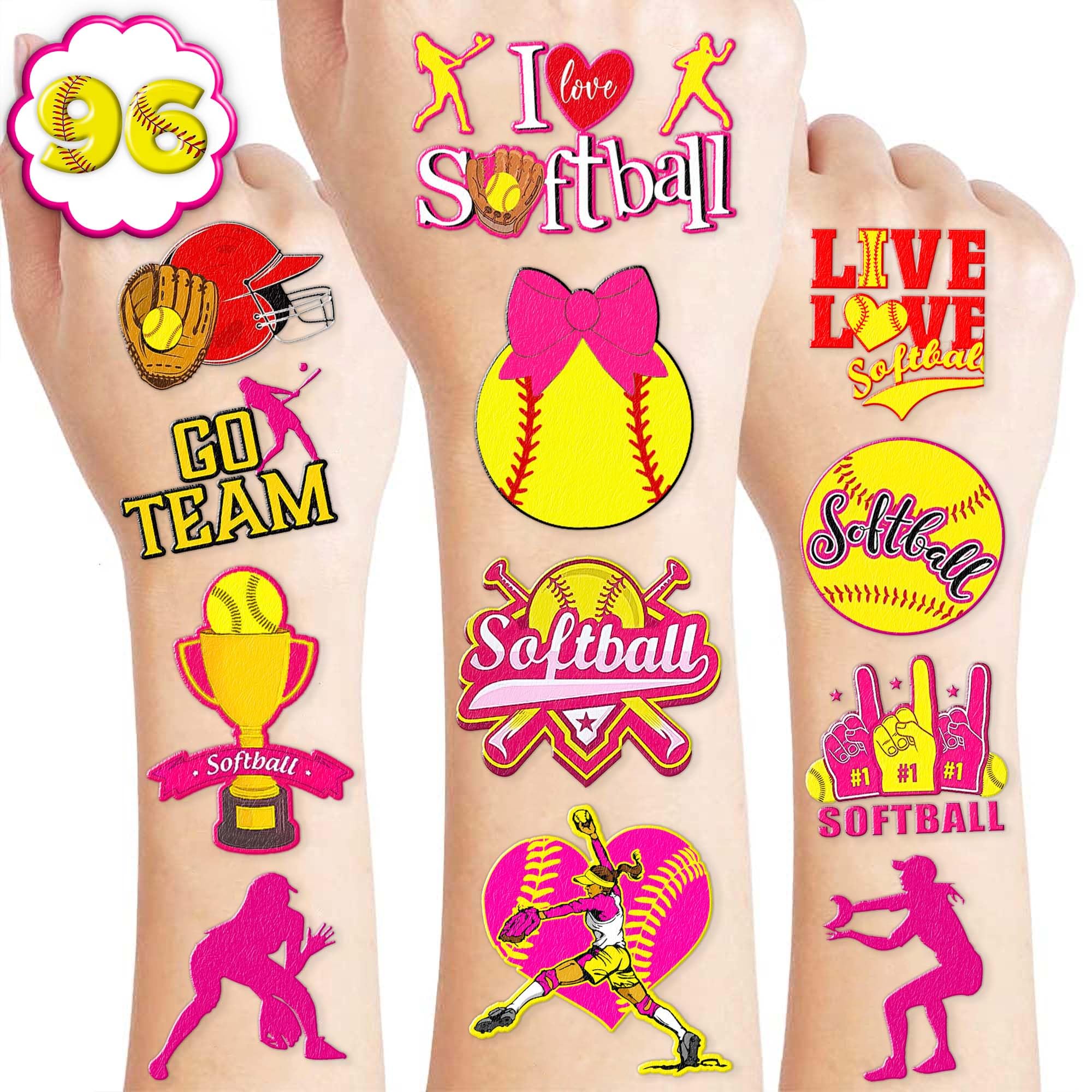 8 Sheets (96PCS) Softball Temporary Tattoos Sports Themed Birthday Party Decorations Favors Supplies Decor Stickers For Girls Boys Kids Gifts Classroom School Prizes Rewards