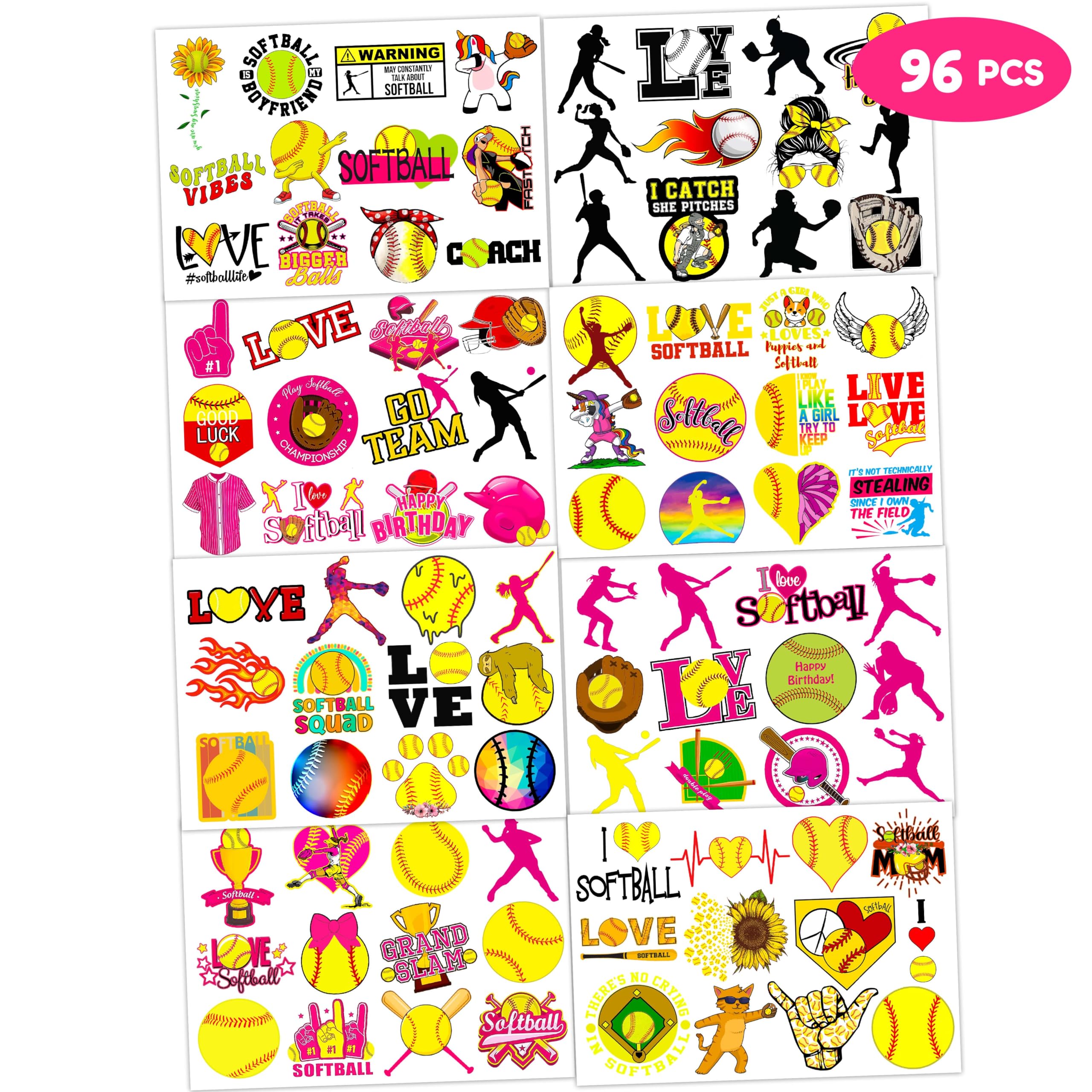 8 Sheets (96PCS) Softball Temporary Tattoos Sports Themed Birthday Party Decorations Favors Supplies Decor Stickers For Girls Boys Kids Gifts Classroom School Prizes Rewards