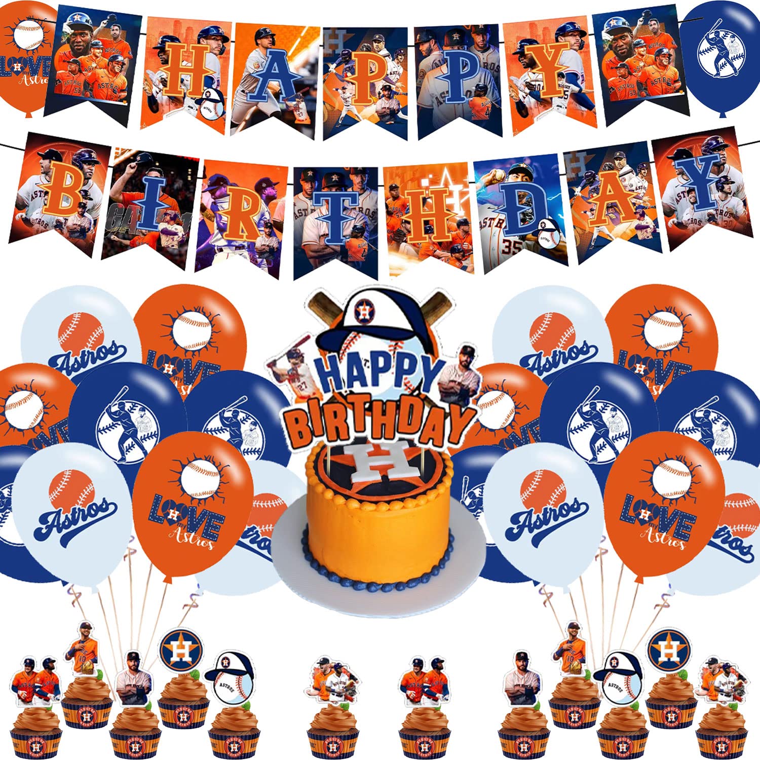 Astros Baseball Party Decorations,Birthday Party Supplies For Baseball Team Party Supplies Includes Banner - Cake Topper - 12 Cupcake Toppers - 18 Balloons