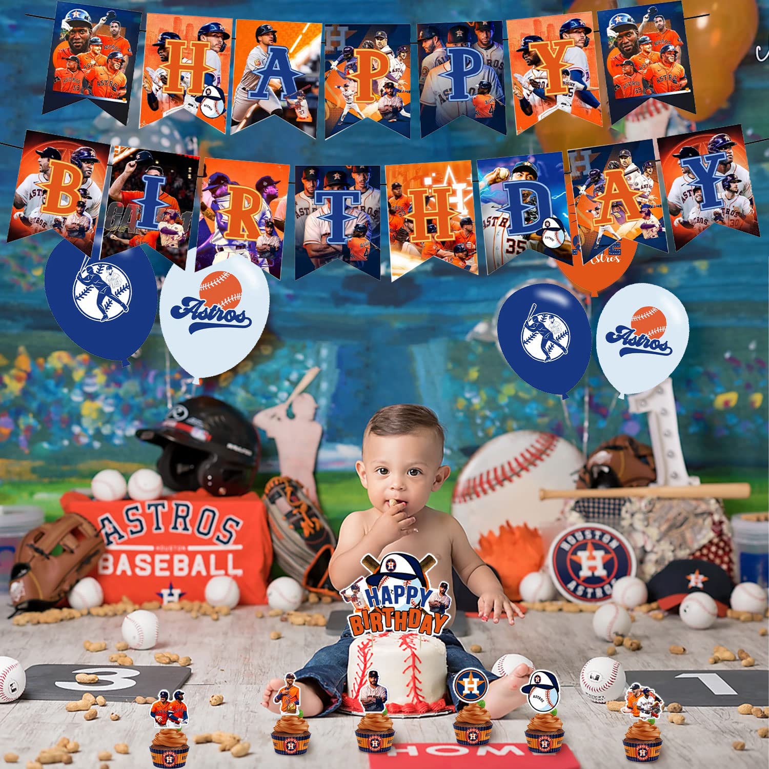 Astros Baseball Party Decorations,Birthday Party Supplies For Baseball Team Party Supplies Includes Banner - Cake Topper - 12 Cupcake Toppers - 18 Balloons