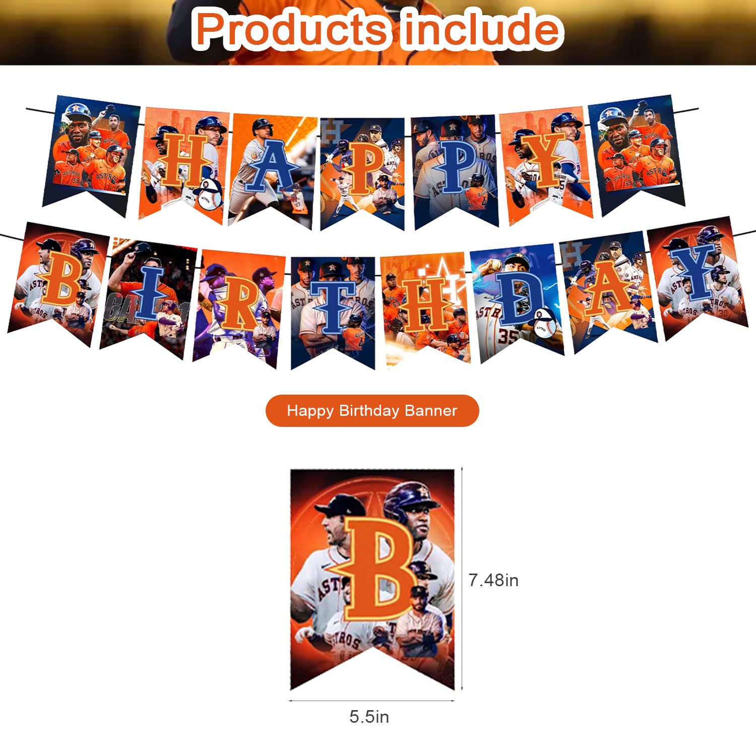 Astros Baseball Party Decorations,Birthday Party Supplies For Baseball Team Party Supplies Includes Banner - Cake Topper - 12 Cupcake Toppers - 18 Balloons