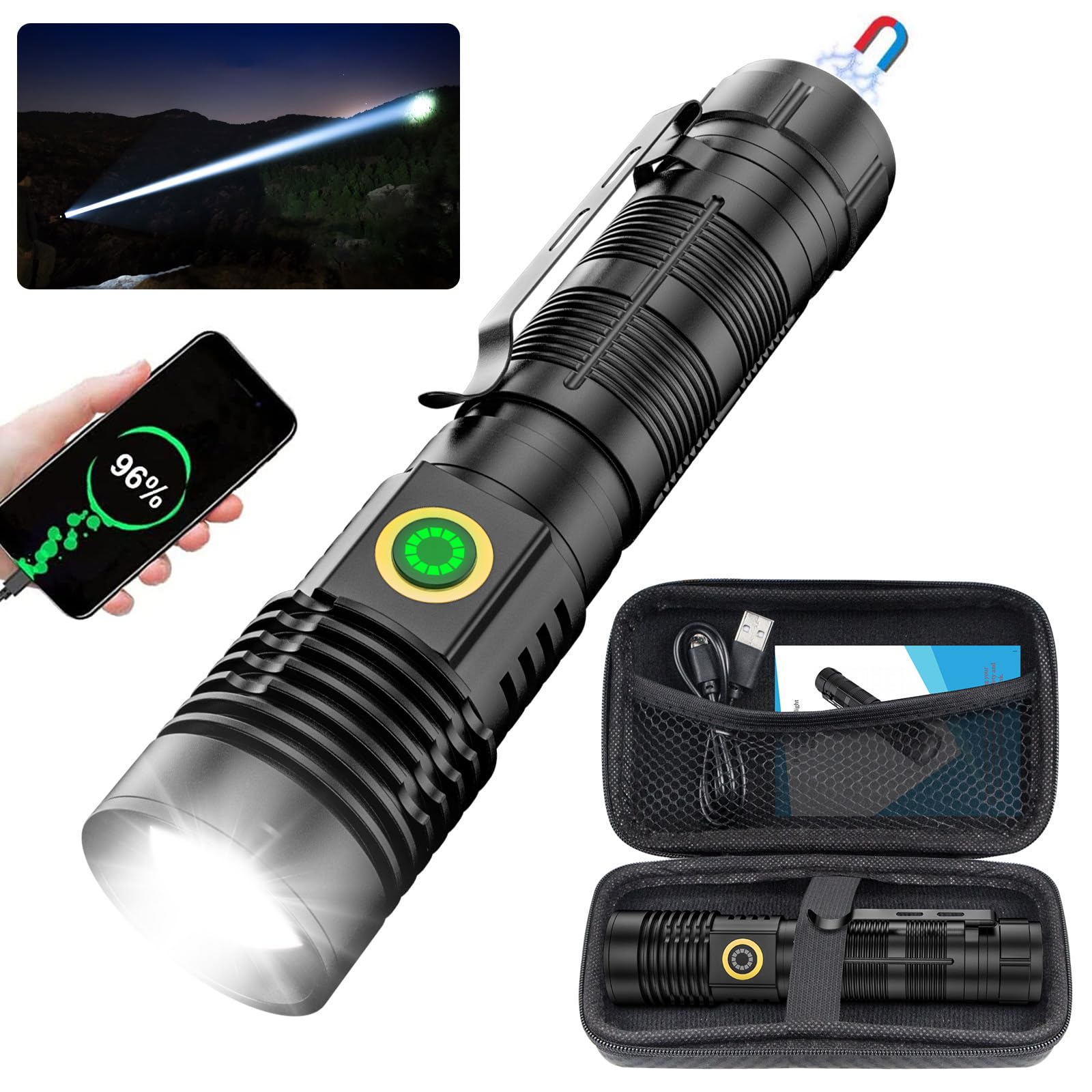 Flashlights High Lumens Rechargeable(Battery Included), 20000 Lumens Super Bright Powerful Small Magnetic Flashlight, 6 Mode, Zoomable, Waterproof, Handheld Flashlight for Camping Hiking Emergency