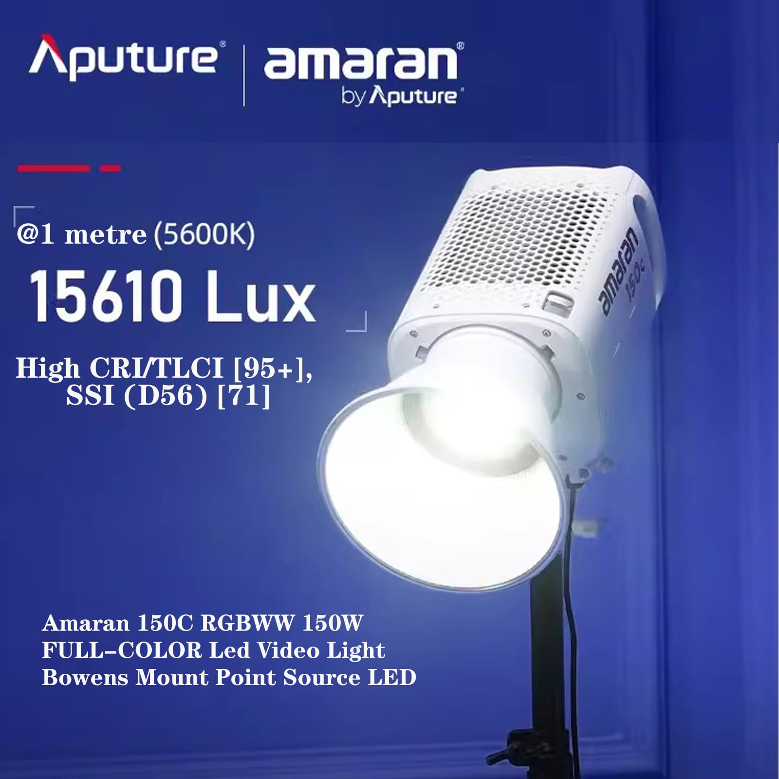 Aputure Amaran 150c COB Video Light,RGBWW 150W,2,500K to 7,500K CCT with G/M Adjustment,15,610 lux @ 1m with Hyper Reflector,APP Control (White)