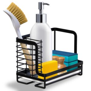 aristeia home kitchen sink caddy organizer - stainless steel kitchen sink organizer with drip tray, versatile sponge caddy for kitchen sink with scrub brush included - black