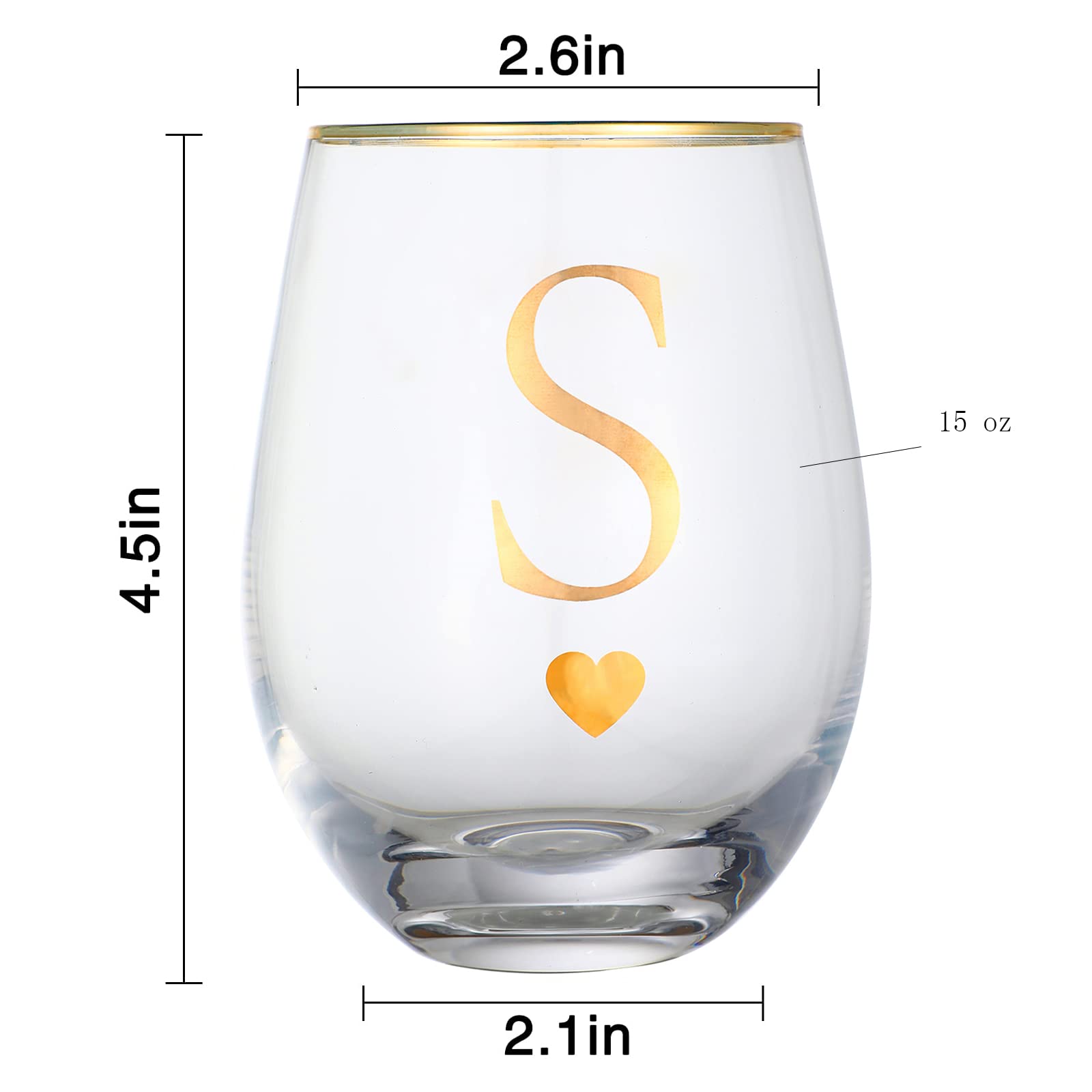 MOMRNTAIL Initial Gift 15oz Stemless Wine Glass Tumbler Cup Graduation Gifts for Her Monogrammed Gifts for Women Men Birthday Christmas Gifts Wedding Bridesmaid Proposal- Wine Glasses (Letter S)