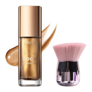 40ml body shimmer oil,face and body liquid luminizer,smooth body shimmer oil for sunshine bath, waterproof moisturizing light shimmer glow illuminator,liquid highlighter makeup,makeup brush include (4#-glistening bronze)