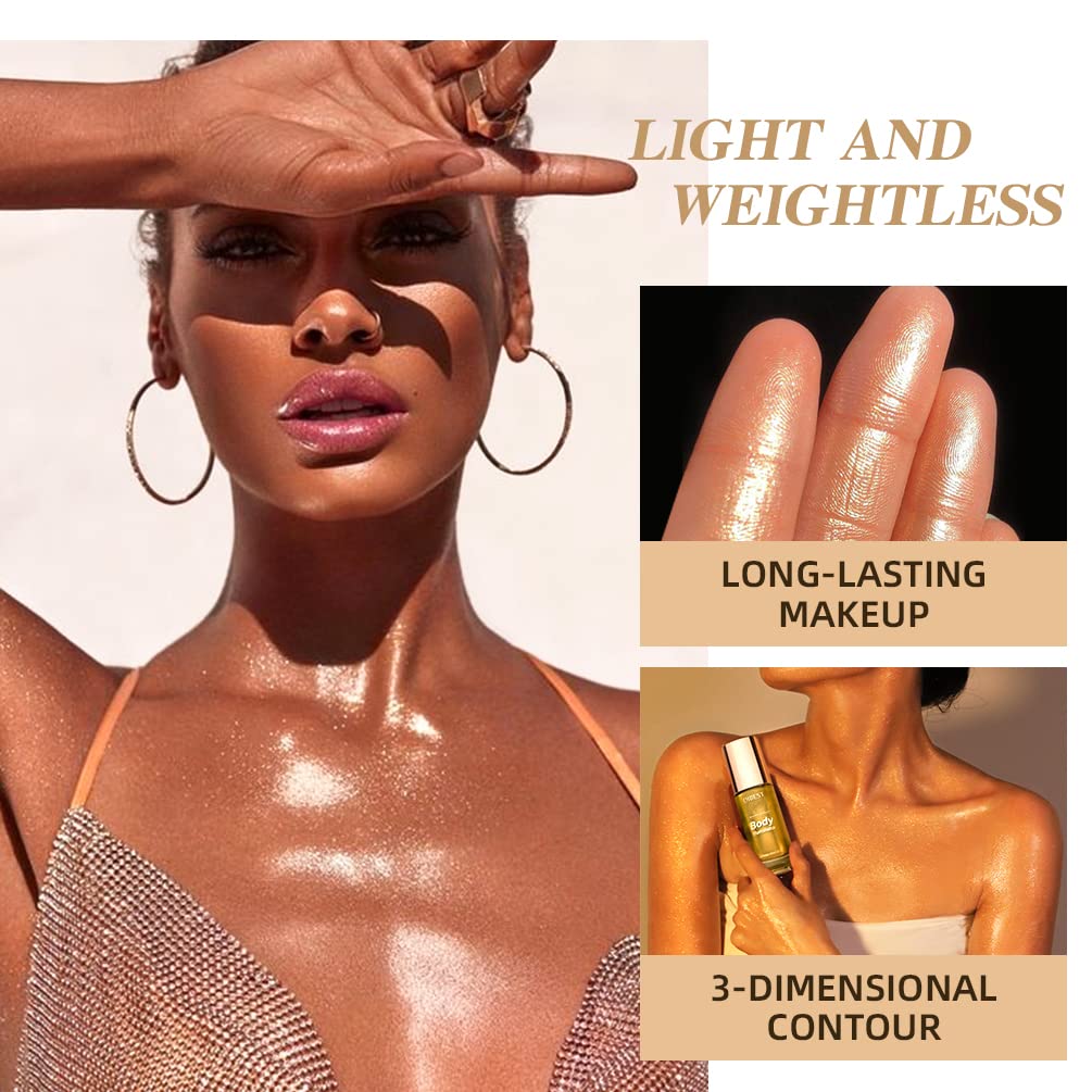 40ml Body Shimmer Oil,Face and Body Liquid Luminizer,Smooth Body Shimmer Oil For Sunshine Bath, Waterproof Moisturizing Light Shimmer Glow Illuminator,Liquid Highlighter Makeup,Makeup Brush Include (4#-Glistening Bronze)