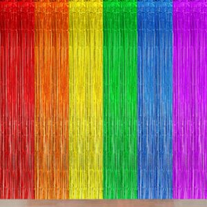 rainbow foil curtain party decorations, colorful fringe backdrop, rainbow streamer backdrop for birthday party unicorn bridal shower (3pack)