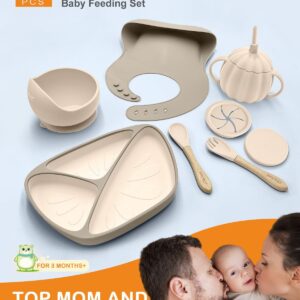 BRVTOT Baby Silicone Suction Plates and Bowls Set with Sippy Straw Snack Cup, Bib, Spoon Fork, 9 PCS Toddler Led Weaning Supplies, Feeding Dishes Set for Toddler Baby Gifts