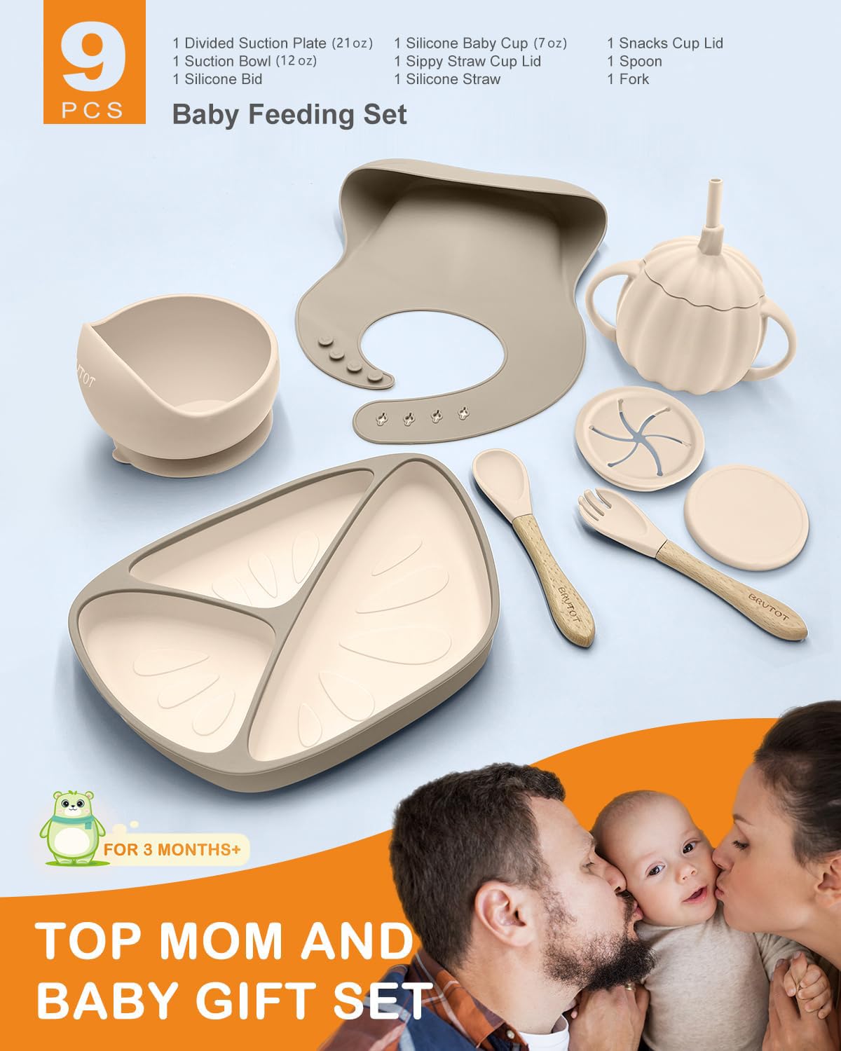 BRVTOT Baby Silicone Suction Plates and Bowls Set with Sippy Straw Snack Cup, Bib, Spoon Fork, 9 PCS Toddler Led Weaning Supplies, Feeding Dishes Set for Toddler Baby Gifts