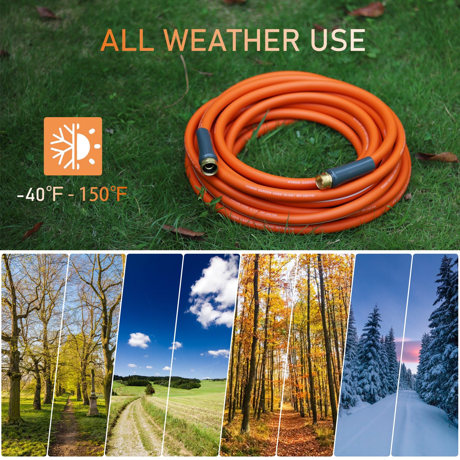 DayisTools Heavy Duty Hybrid Garden Hose 50 ft, Flexible Kink Resistant Water Hose 5/8 IN x 50FT, Lightweight, Super Durable, All-weather, Burst 600 PSI, 3/4 IN GHT Solid Brass Fittings, Orange White