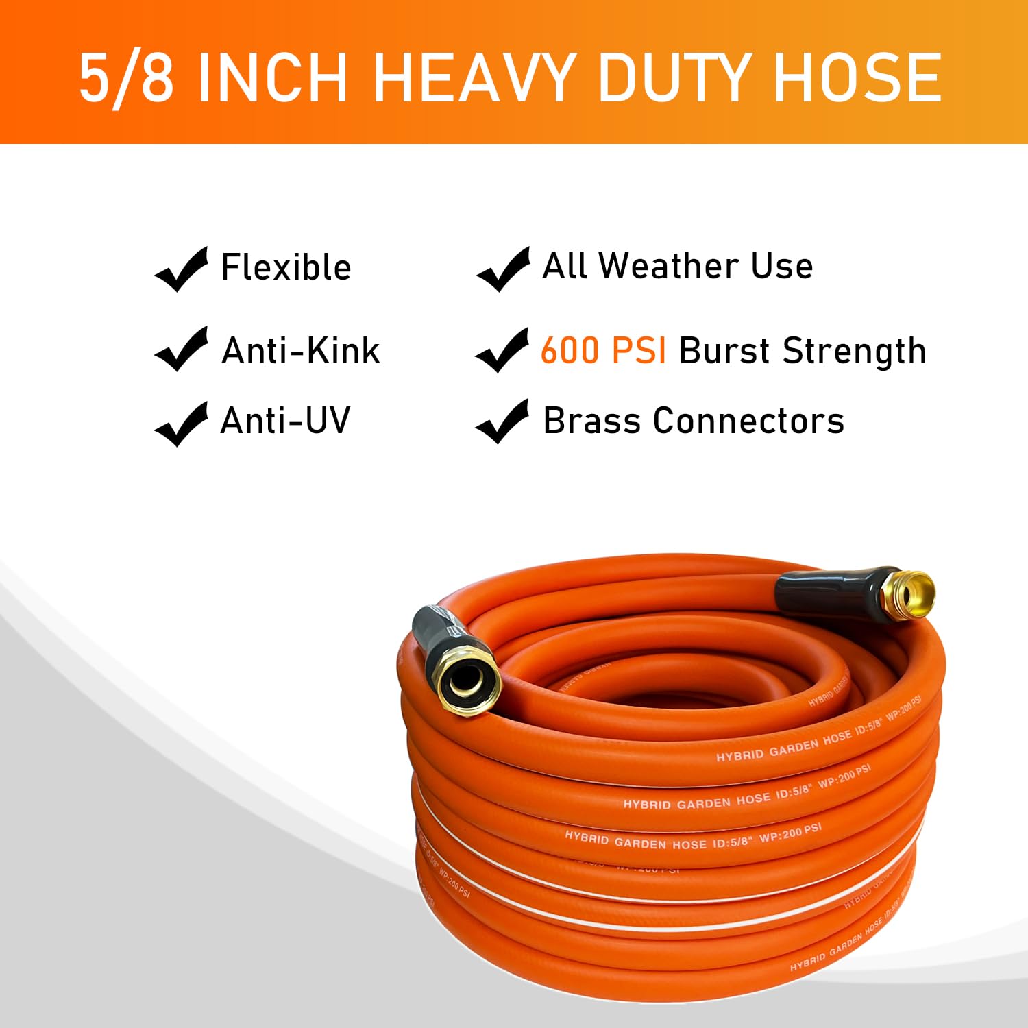 DayisTools Heavy Duty Hybrid Garden Hose 50 ft, Flexible Kink Resistant Water Hose 5/8 IN x 50FT, Lightweight, Super Durable, All-weather, Burst 600 PSI, 3/4 IN GHT Solid Brass Fittings, Orange White