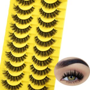 qunety cat eye lashes fluffy mink lashes wispy 8d natural false eyelash fake eyelashes short strip lashes 10 pairs pack (a-14mm cat eye)