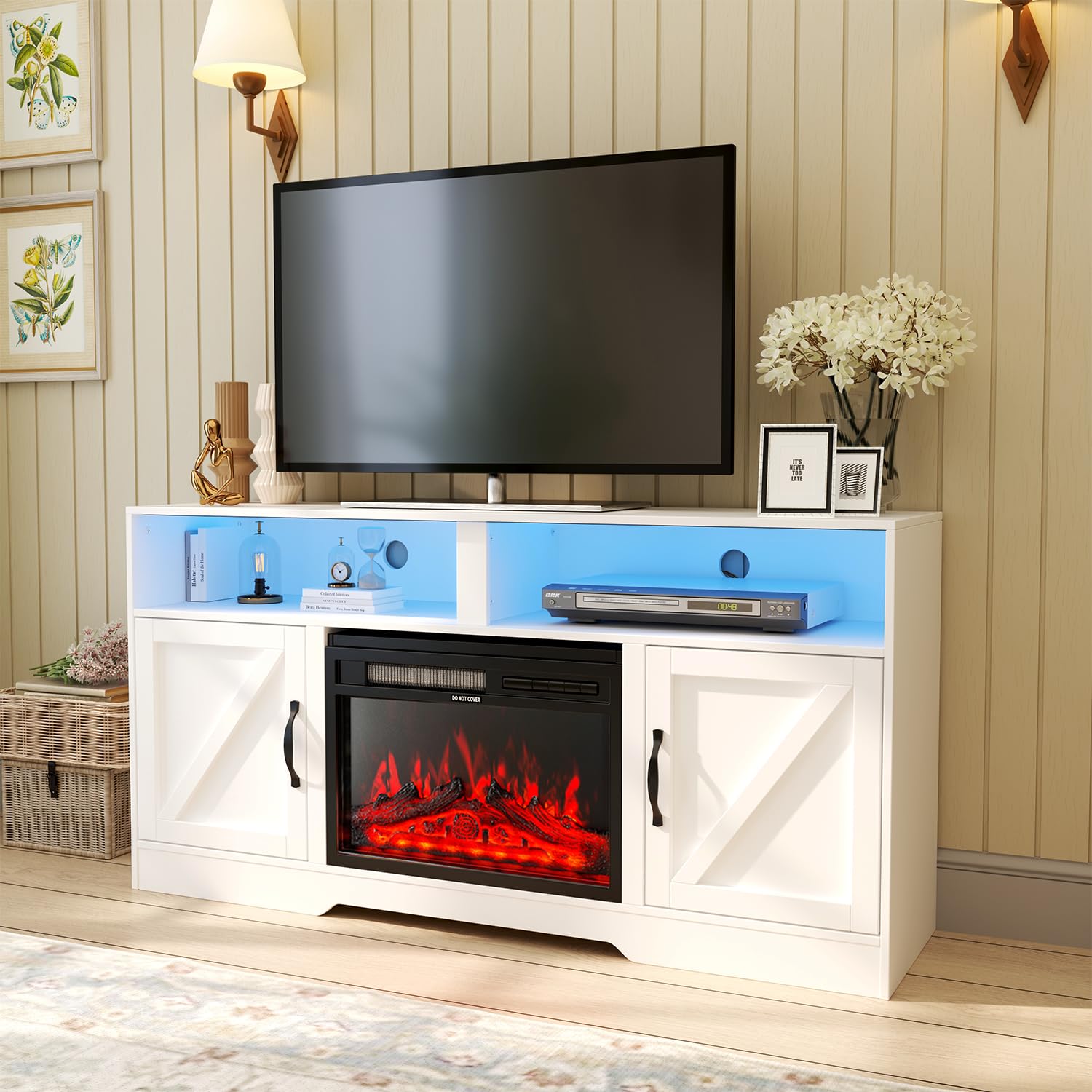 COCO DESIGN 60" Fireplace TV Stand with 23" Fireplace, Electric Fireplace TV Console for TVs up to 70", LED Lights Wood Texture Entertainment Center & Remote Control, White