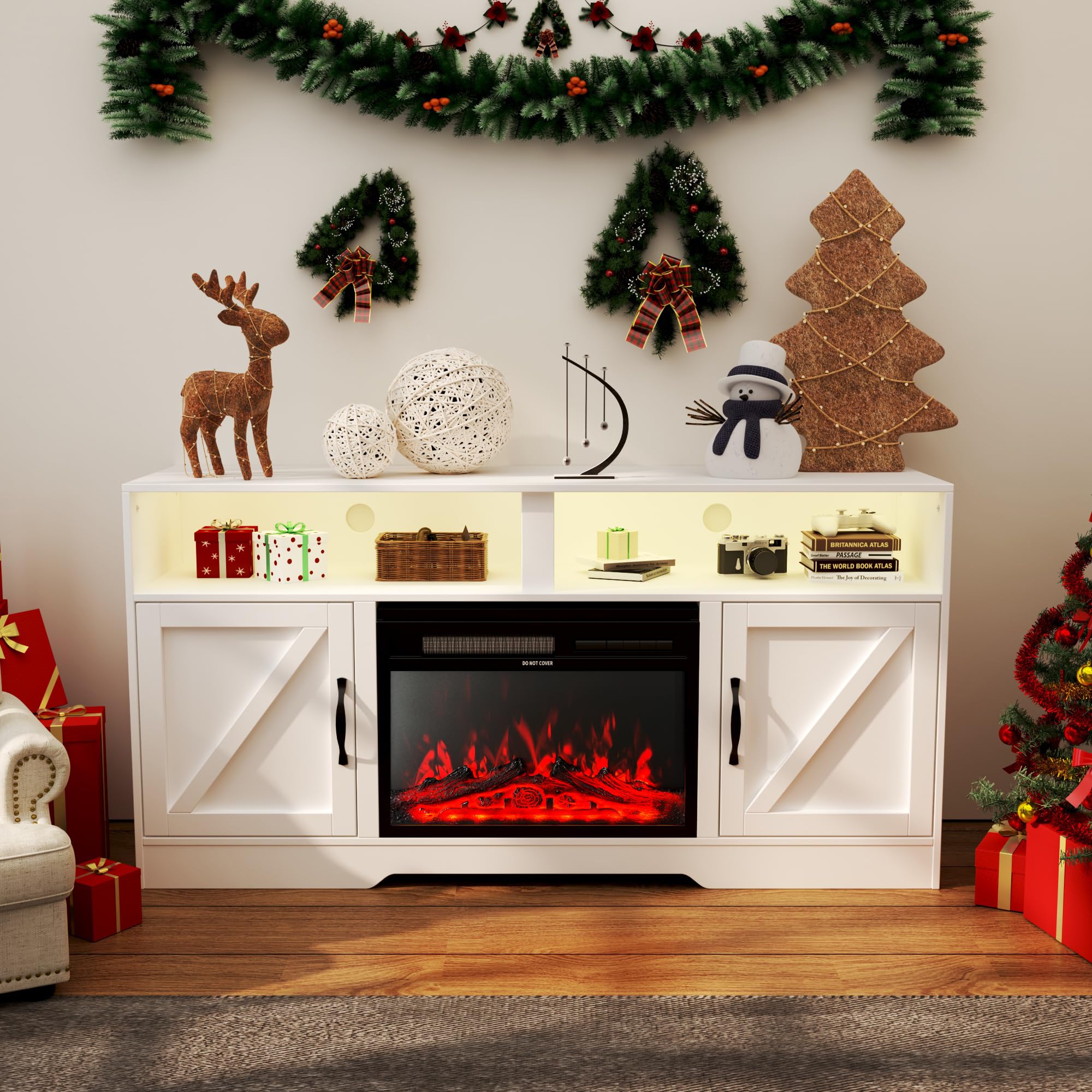 COCO DESIGN 60" Fireplace TV Stand with 23" Fireplace, Electric Fireplace TV Console for TVs up to 70", LED Lights Wood Texture Entertainment Center & Remote Control, White