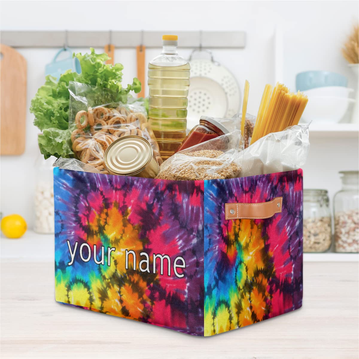 OMFUNS Personalized Storage Basket Swirl Tie Dye Custom Foldable Storage Bin Rainbow Art Fabric Rectangular Storage Box Organizer for Closet Shelf Home Nursery Toy Basket, 2 Pack