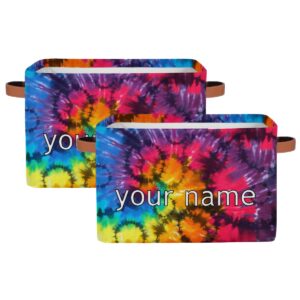 OMFUNS Personalized Storage Basket Swirl Tie Dye Custom Foldable Storage Bin Rainbow Art Fabric Rectangular Storage Box Organizer for Closet Shelf Home Nursery Toy Basket, 2 Pack