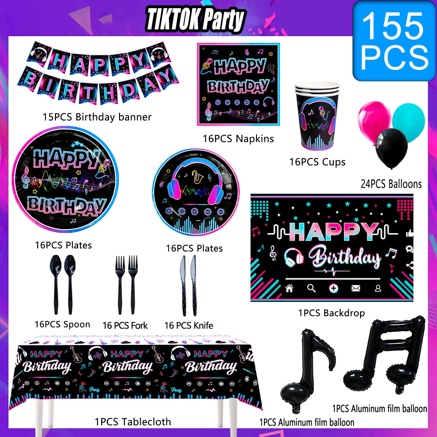 Music Party Supplies,155pcs Music Birthday Party Decorations & Music Tableware Set- Music Plates Cups and Napkins Tablecloth Balloons Backdrop etc...