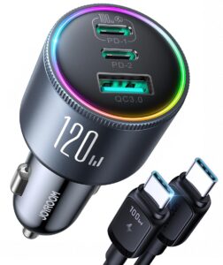 120w car charger usb c for iphone 15 pro, joyroom 3 port super fast car charger adapter pd 100w&35w qc 4.0 car phone charger fast charging for iphone 15/14/13 pro max/samsung s23/22/laptop