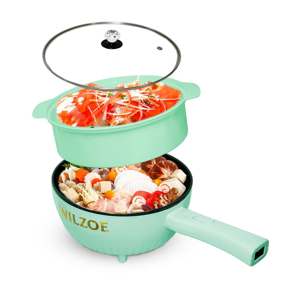 Wilzoe Electric Hot Pot 2.8L,1000W Non-Stick Saute Pot,Rapid Noodles Cooker,Electric Cooking Pot,Electric Pot for Steak,Frying,Stir Fry,Steam,with Power Adjustment,(Food Steamer Included),Green