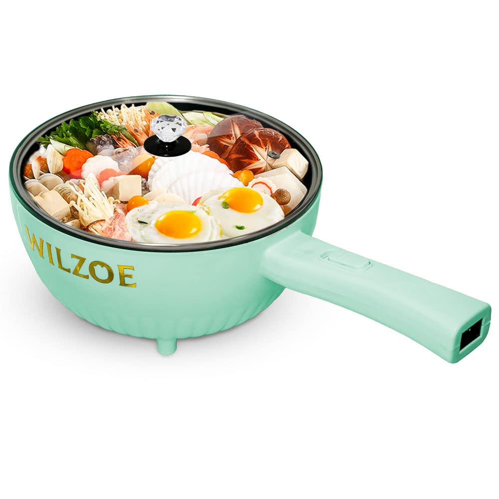 Wilzoe Electric Hot Pot 2.8L,1000W Non-Stick Saute Pot,Rapid Noodles Cooker,Electric Cooking Pot,Electric Pot for Steak,Frying,Stir Fry,Steam,with Power Adjustment,(Food Steamer Included),Green