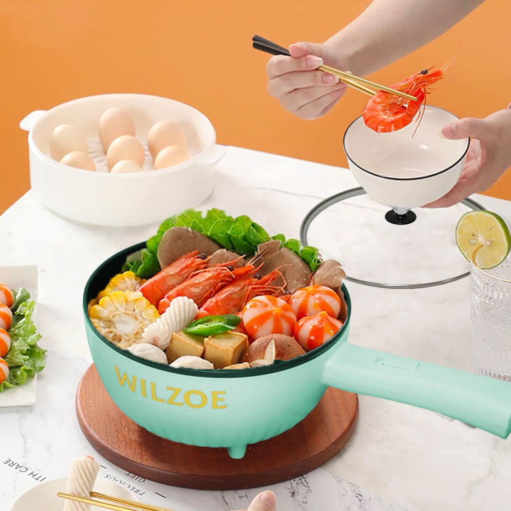 Wilzoe Electric Hot Pot 2.8L,1000W Non-Stick Saute Pot,Rapid Noodles Cooker,Electric Cooking Pot,Electric Pot for Steak,Frying,Stir Fry,Steam,with Power Adjustment,(Food Steamer Included),Green