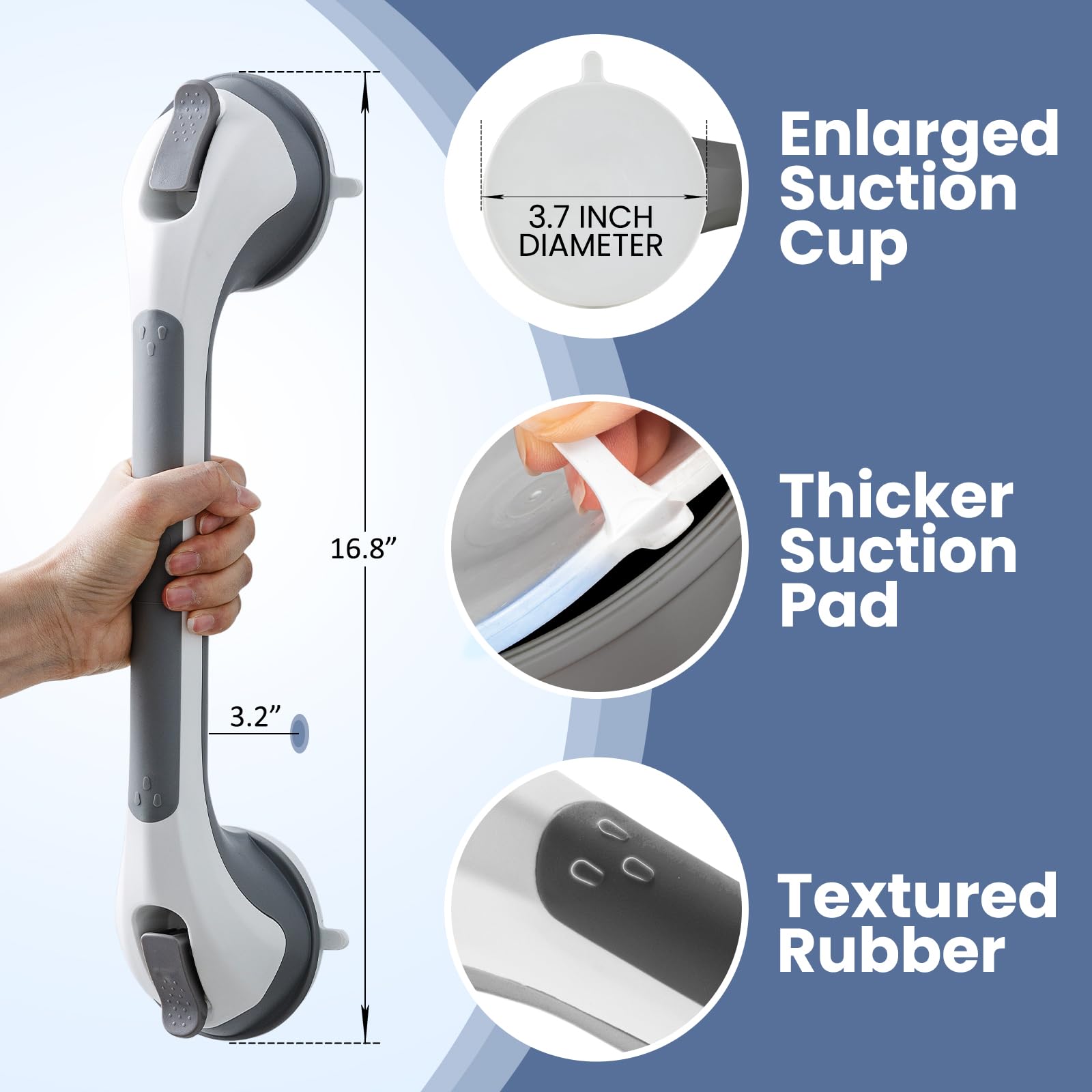 TAILINK 2 Packs Shower Grab Bar Suction Cup for Bathroom and Showers, 16 inch Shower Safety Handrail for Seniors and Elderly, Removable Toilet Bathtub Handle Waterproof, No Drilling Grab Bar, Grey