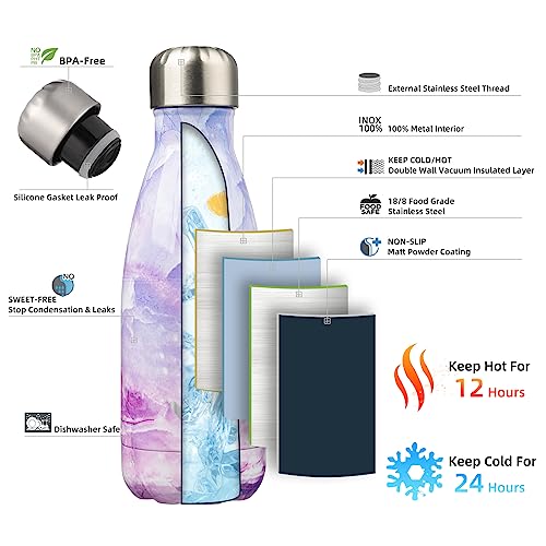 Konokyo Insulated Water Bottles,12oz Double Wall Stainless Steel Vacumm Metal Flask for Sports Travel,Marble-Dawn