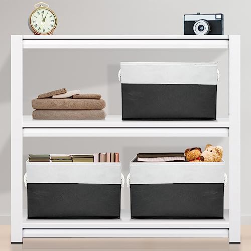 Vimudiy Storage Bin, Foldable Storage Basket [3-Pack] with Dual Rope Handles, Large Capacity Storage Boxes with Sturdy Non-Woven Fabric for Organizing Toys, shelves & Closet, White & Black