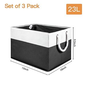 Vimudiy Storage Bin, Foldable Storage Basket [3-Pack] with Dual Rope Handles, Large Capacity Storage Boxes with Sturdy Non-Woven Fabric for Organizing Toys, shelves & Closet, White & Black