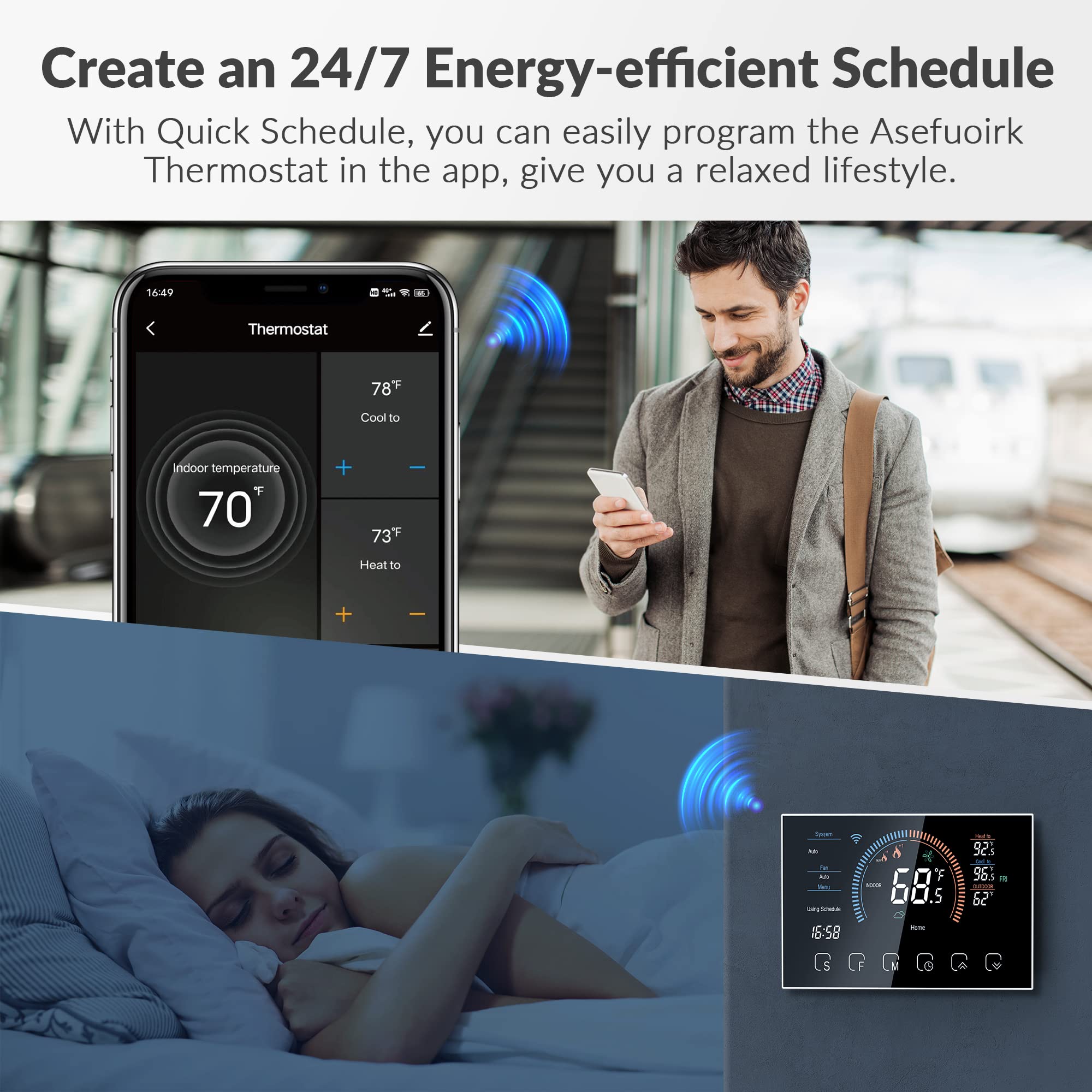 Smart Thermostat for Home, WiFi Programmable Digital Thermostat, Energy Saving, C-Wire Adapter Included, DIY Install, Black.