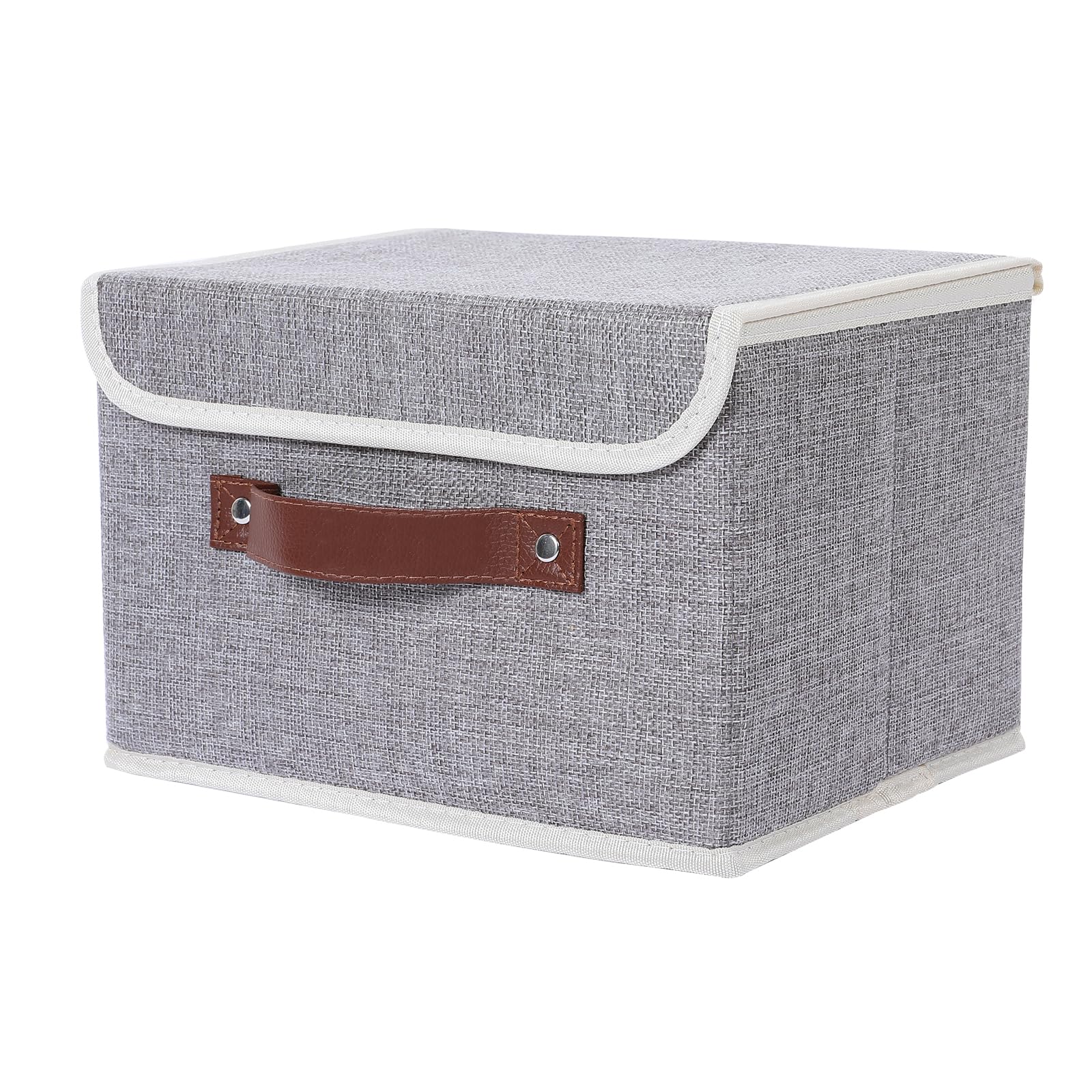 Lucky Monet Collapsible Storage Bins with Lids & PU Leather Handles - PP Plastic Board Washable Linen Fabric Storage Box, Foldable Storage Cubes for Organizing Home Bedroom Closet Office (Large, Gray)