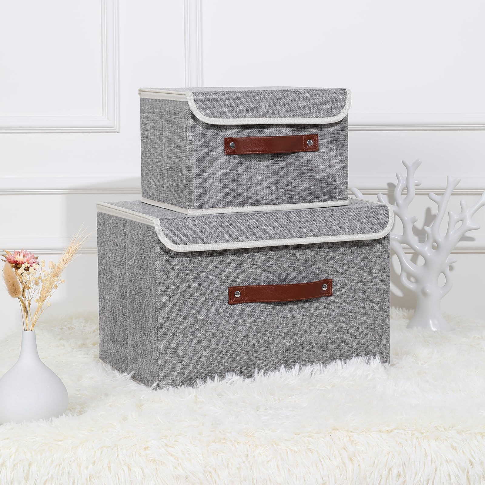 Lucky Monet Collapsible Storage Bins with Lids & PU Leather Handles - PP Plastic Board Washable Linen Fabric Storage Box, Foldable Storage Cubes for Organizing Home Bedroom Closet Office (Large, Gray)