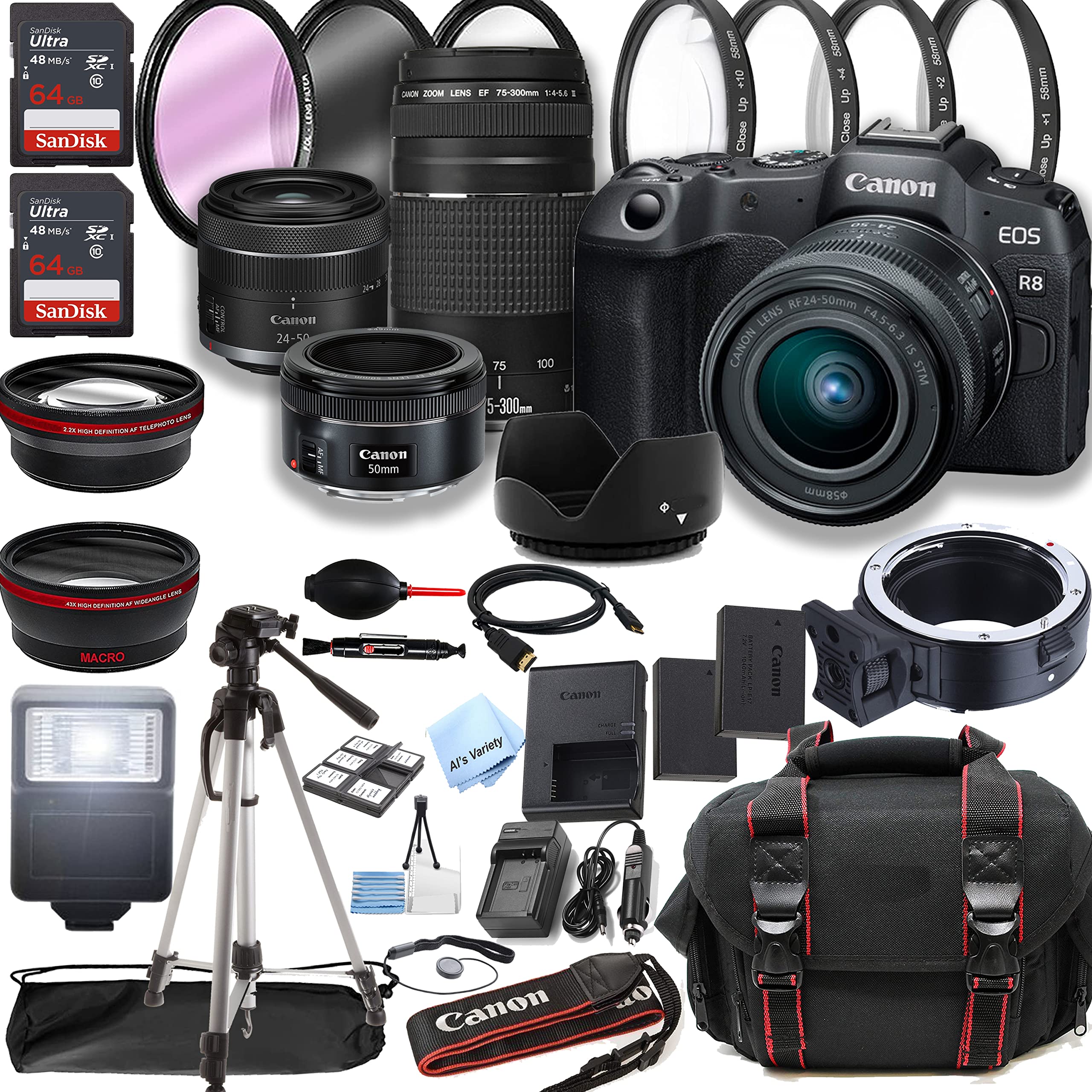 Canon EOS R8 Mirrorless Digital Camera with RF 24-50mm f/4.5-6.3 is STM Lens + 75-300mm F/4-5.6 III Lens + 50mm f/1.8 STM Lens + 128GB Memory + Case + Tripod + Filters (43pc Bundle)