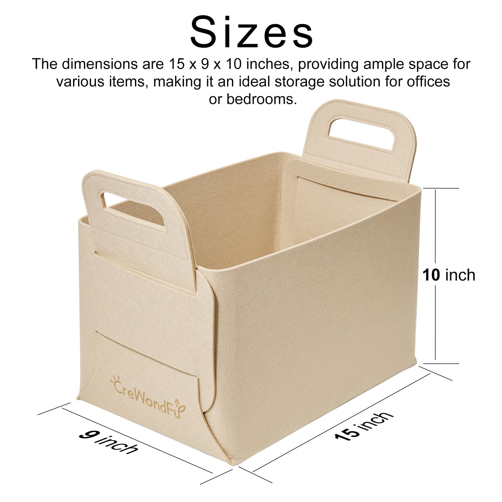 CreWondFu Felt Storage Basket with Handle for Office Bedroom with Carry Handles Clothes Storage Bins Beige Lage Size Felt Laundry Basket 15inch Large Rectangular Storage Bin