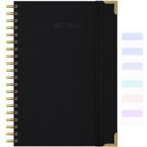 meeting notebook, 240 page hardcover leather notebooks for work, professional b5 notebook with action items, 24 pcs sticky tabs for organizer notebook, project planner notebook for women men, black