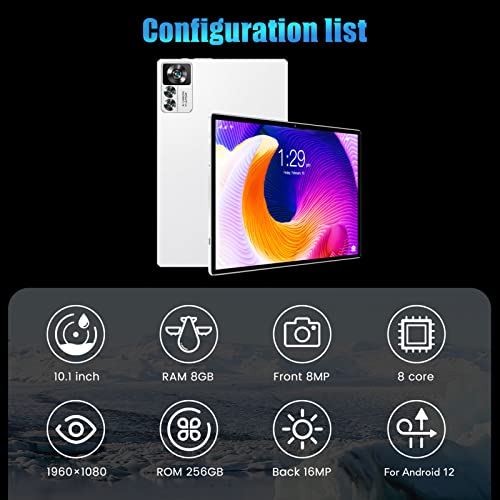 10.1in Tablet, 8GB RAM 256GB ROM 100‑240V Tablet PC USB C Charging Port Front 800W Rear 1600W White for School for Office for Students (US Plug)