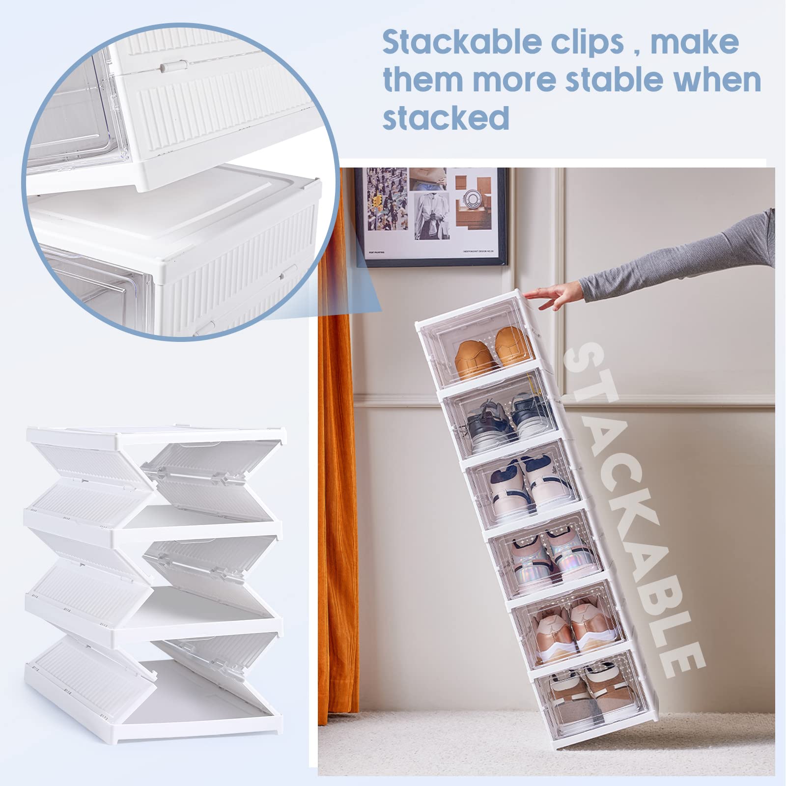 Qunclay 12 Pairs Foldable Shoe Storage Boxes Include 4 Pcs 3 Layer Stackable Clear Shoes Rack Organizer Solid Hard Plastic Shoe Containers for Closet Bedroom Shoe Organizer Sneakers Display