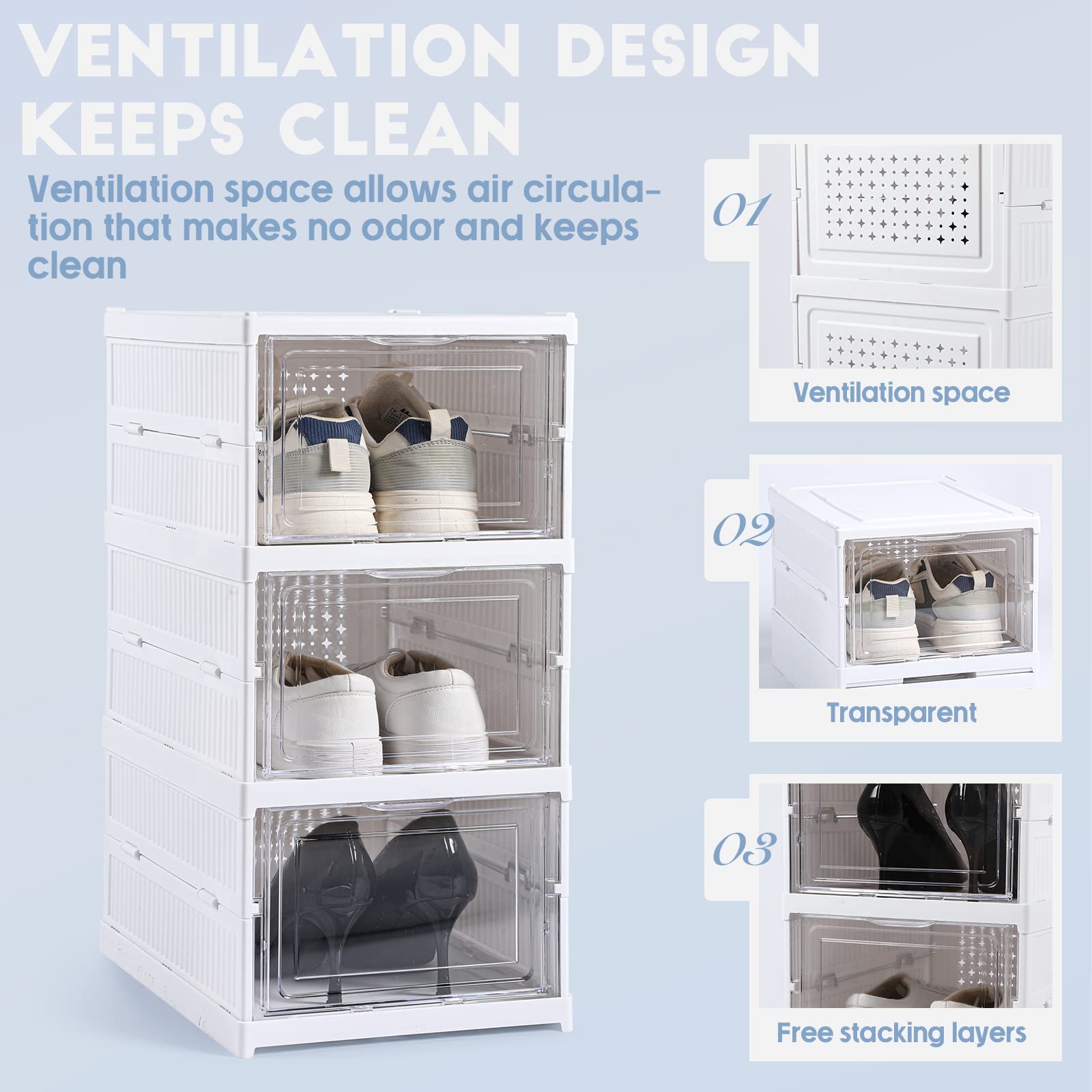 Qunclay 12 Pairs Foldable Shoe Storage Boxes Include 4 Pcs 3 Layer Stackable Clear Shoes Rack Organizer Solid Hard Plastic Shoe Containers for Closet Bedroom Shoe Organizer Sneakers Display