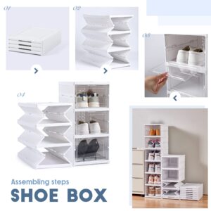 Qunclay 12 Pairs Foldable Shoe Storage Boxes Include 4 Pcs 3 Layer Stackable Clear Shoes Rack Organizer Solid Hard Plastic Shoe Containers for Closet Bedroom Shoe Organizer Sneakers Display