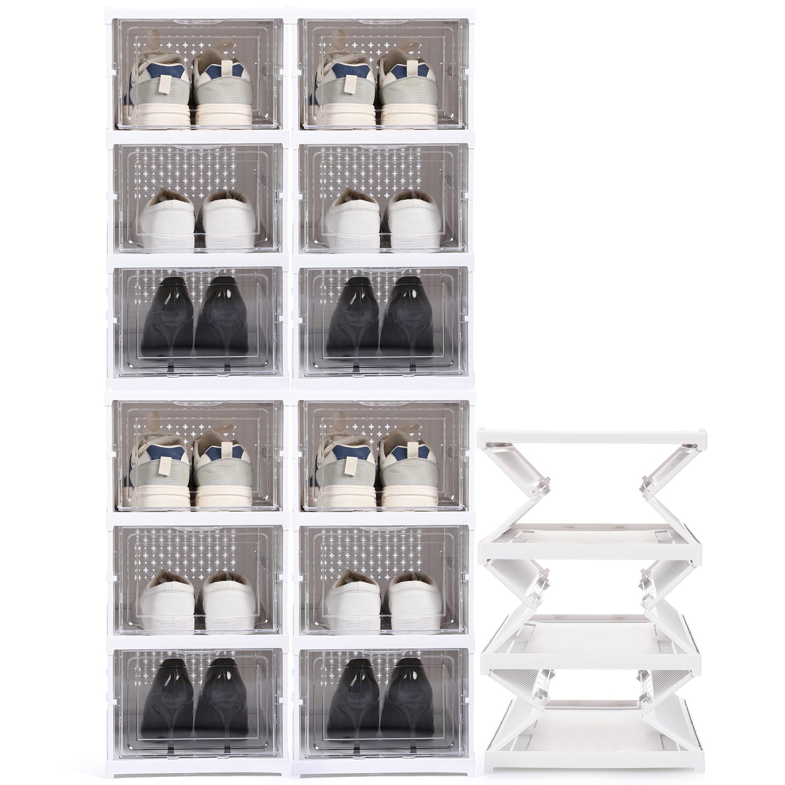 Qunclay 12 Pairs Foldable Shoe Storage Boxes Include 4 Pcs 3 Layer Stackable Clear Shoes Rack Organizer Solid Hard Plastic Shoe Containers for Closet Bedroom Shoe Organizer Sneakers Display